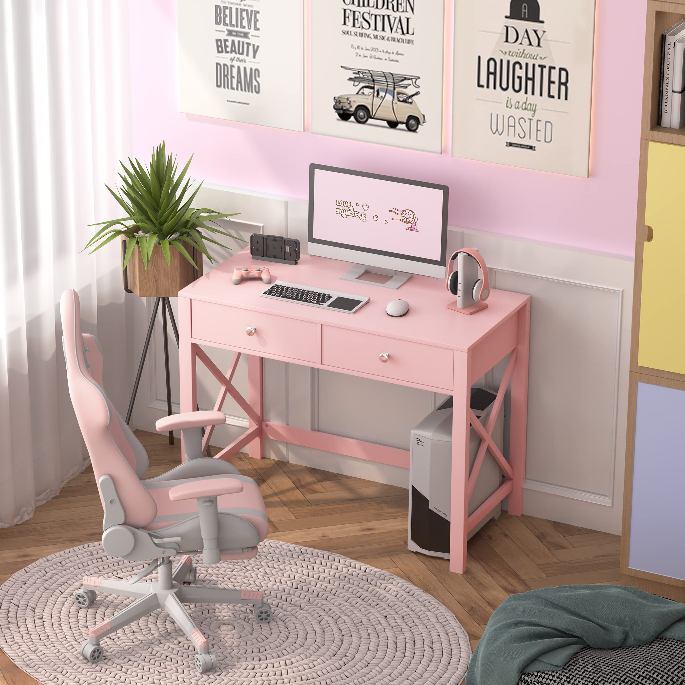WiberWi Home Office Desk with Drawers, Modern Writing Computer Desk for Bedroom, Small Pink Makeup Vanity Table for Girls, Study Table for Home Office