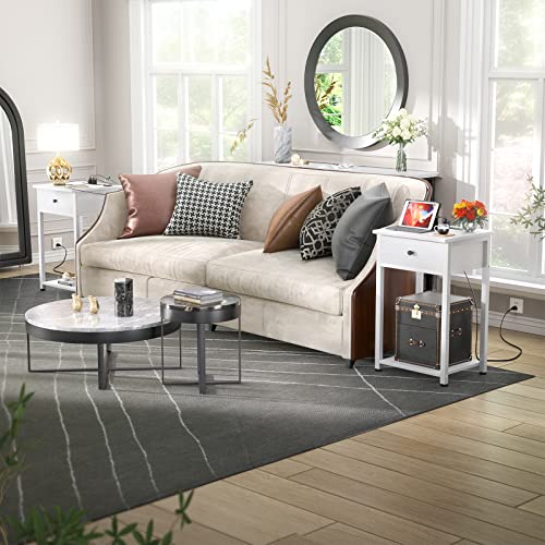 Ecoprsio Nightstand Set of 2 with Charging Station, White End Table Side Table with USB Ports, Wood Night Stand, White Bedside Table with Drawer and Shelf for Bedroom, Living Room, Sofa Couch, White