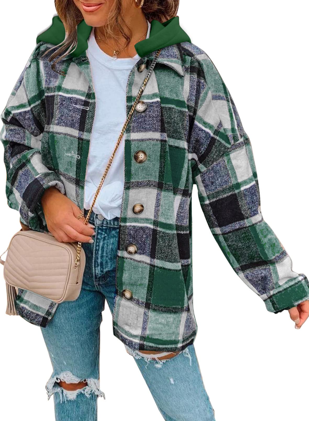 SHEWIN Womens Casual Plaid Hooded Flannel Shacket Jacket Hoodie Fall Winter Long Sleeve Oversized Button-Down Boyfriend Shirts Tops,US 18-20(2XL),Green