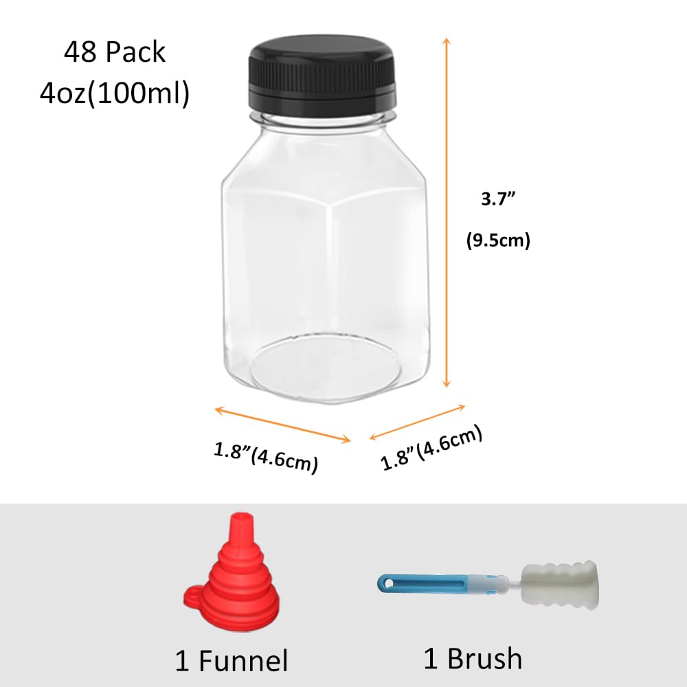 BPFY 48 Pack 4 oz Mini Plastic Juice Bottles with Caps Empty Clear Beverage Containers with Black Tamper Evident Lids, Brush, Funnel, Juicing Bottles for Milk, Smoothie and Other Beverages