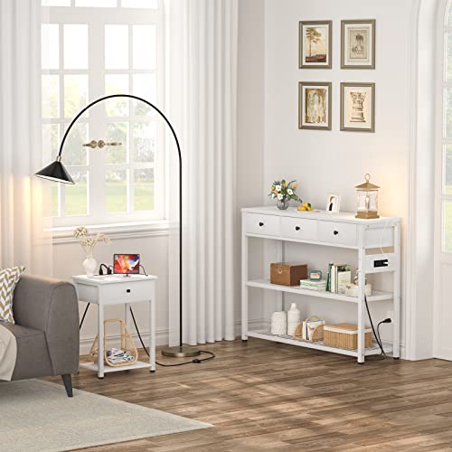 Ecoprsio Nightstand Set of 2 with Charging Station, White End Table Side Table with USB Ports, Wood Night Stand, White Bedside Table with Drawer and Shelf for Bedroom, Living Room, Sofa Couch, White