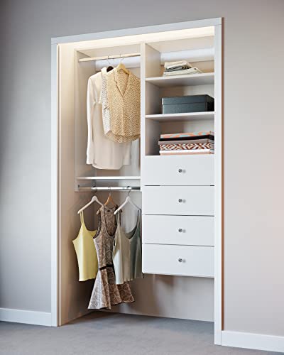 Closet Kit with Hanging Rods, Shelves & Drawers - Corner Closet System - Closet Shelves - Closet Organizers and Storage Shelves (White, 54 inches Wide) Closet Shelving