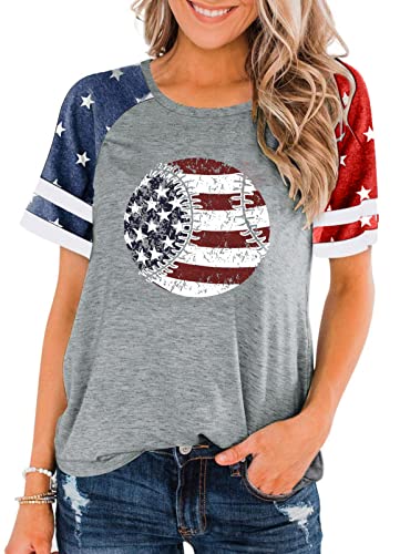 UNIQUEONE Women's American Flag Baseball Printed T-Shirt O-Neck Short Sleeve Causal Tops