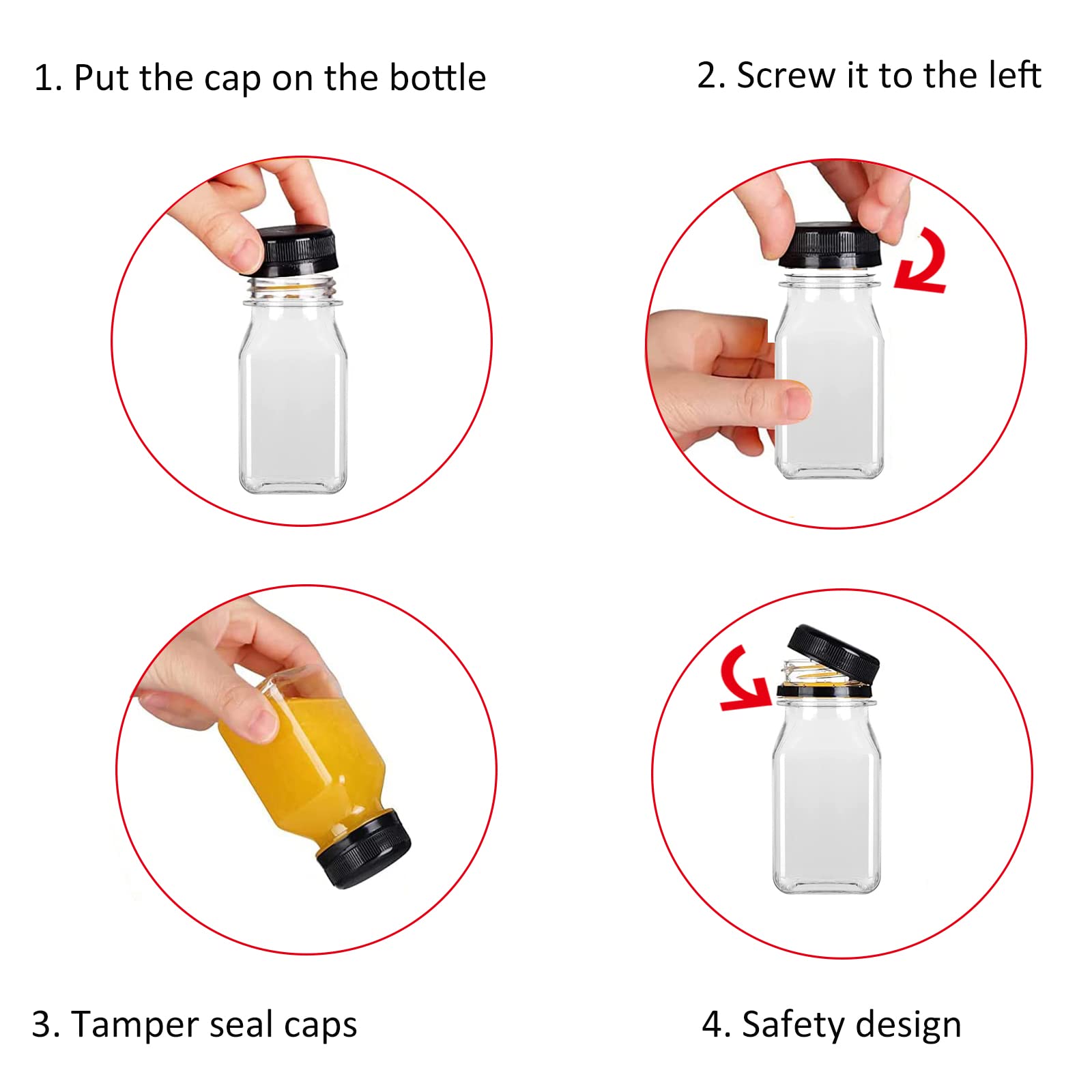 BPFY 48 Pack 4 oz Mini Plastic Juice Bottles with Caps Empty Clear Beverage Containers with Black Tamper Evident Lids, Brush, Funnel, Juicing Bottles for Milk, Smoothie and Other Beverages
