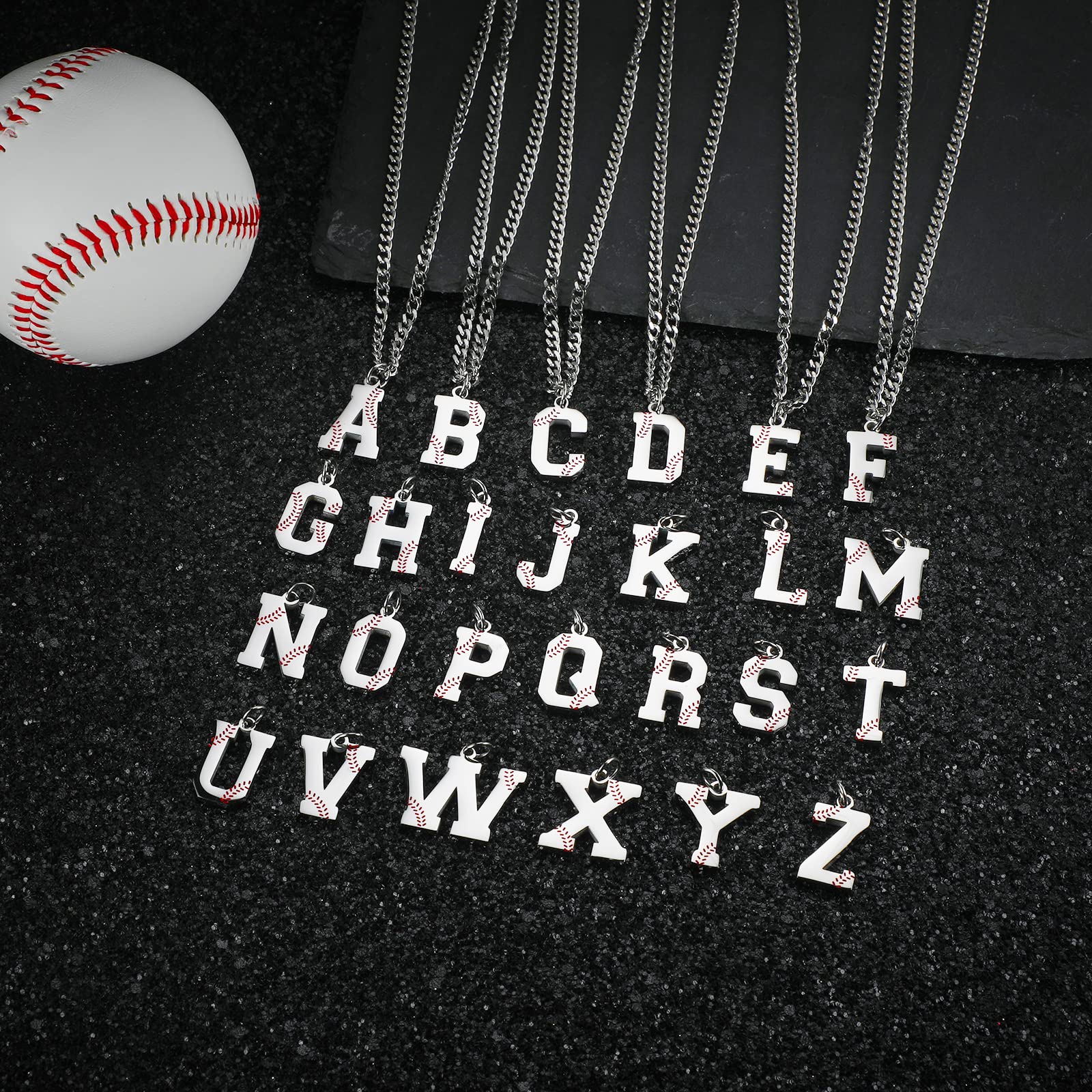 AIAINAGI Baseball Initial A-Z Letter Necklace for Men Baseball Charm Pendant Stainless Steel Silver Chain 22inch Personalized Baseball Gift for Men（J