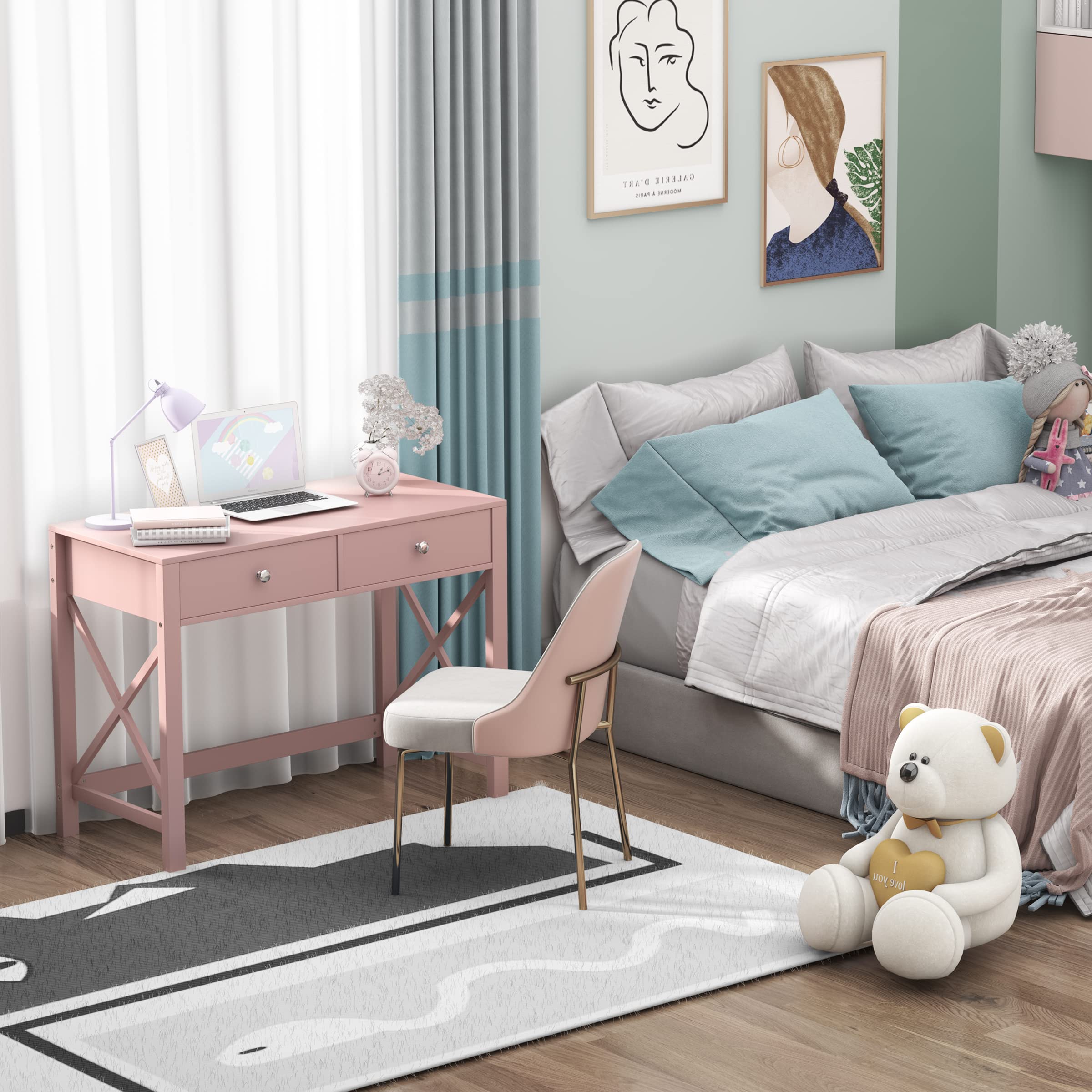 WiberWi Home Office Desk with Drawers, Modern Writing Computer Desk for Bedroom, Small Pink Makeup Vanity Table for Girls, Study Table for Home Office