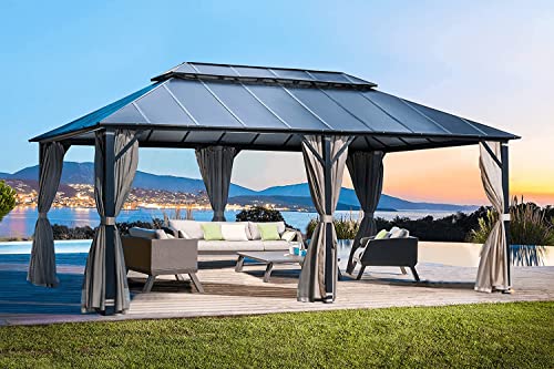 MELLCOM 12x20ft Hardtop Gazebo, Permanent Outdoor Patio Gazebo with Double Aluminum Composite Roof for Patio Lawn and Garden, Curtains and Netting Included
