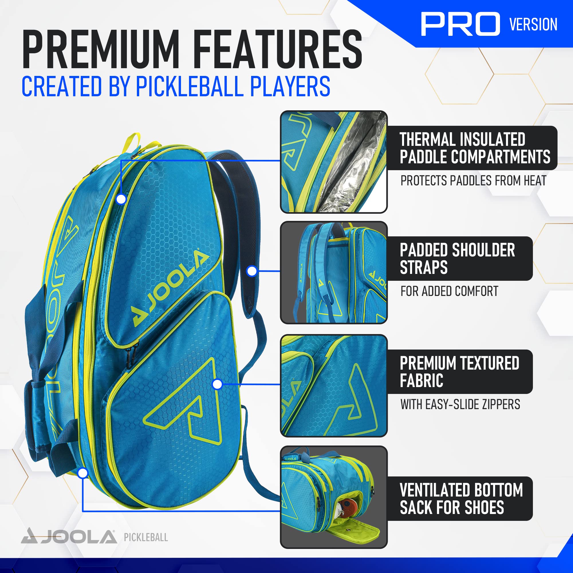 JOOLA Tour Elite Pro Pickleball Bag β Backpack & Duffle Bag for Paddles & Pickleball Accessories β Thermal Insulated Pockets Hold 4+ Paddles - Includes Fence Hook Blue/Yellow