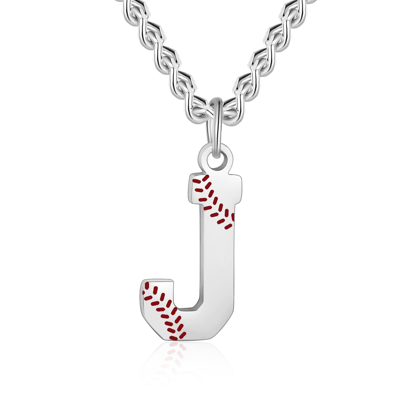 AIAINAGI Baseball Initial A-Z Letter Necklace for Men Baseball Charm Pendant Stainless Steel Silver Chain 22inch Personalized Baseball Gift for Men(J