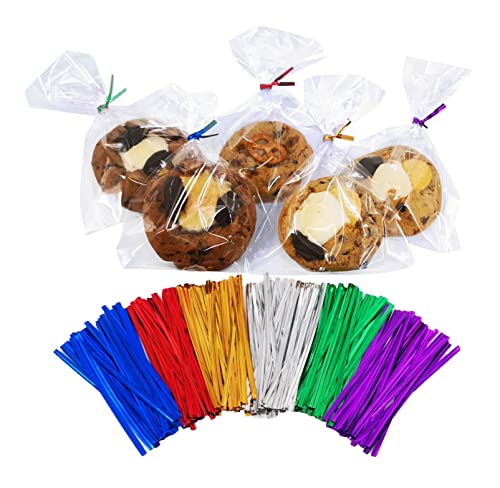 Wowfit 200 CT 5” x 7” Clear Flat Cellophane Treat Bags with 6 Colors 4" Twist Ties, Cello Packaging for Donuts, Cookies, Candies and Gift Wrapping