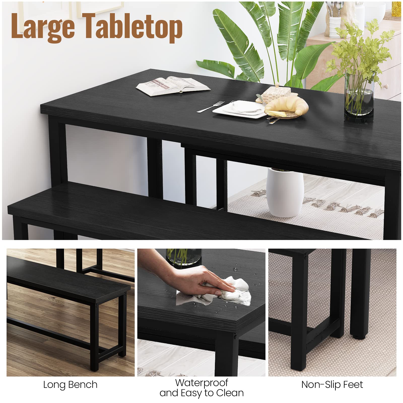 Recaceik 3-Piece Dining Table Set for 4, 43'' Dining Room Table Set with 2 Benches, Space-Saving Dinette Table with Metal Frame & MDF Board, Breakfast Table for Kitchen, Dining Room, Black