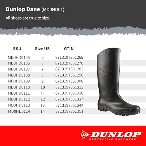 DUNLOP Protective Footwear, Dane, 100% Waterproof PVC, Lightweight and Durable Protective Footwear, MD0HD01.06, Size 6, Black