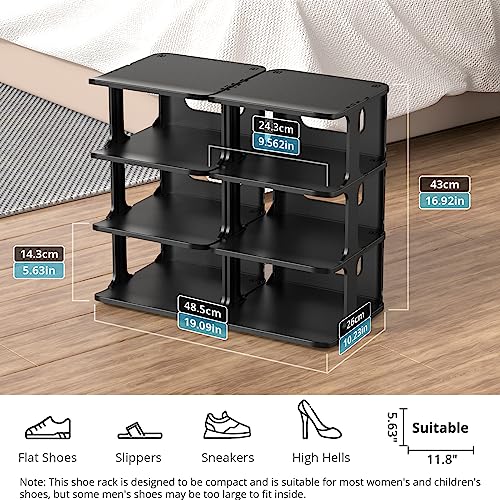 ZOINLIY Stackable Shoe Rack for Small Space, 4 Tiers 2 Columns Shoe Rack Organizer for Closet, Bedroom, Entryway, Black Free Standing Shoe Shelf, Shoe Cubby, 10.2" D x 19.2" W x 16.9" H