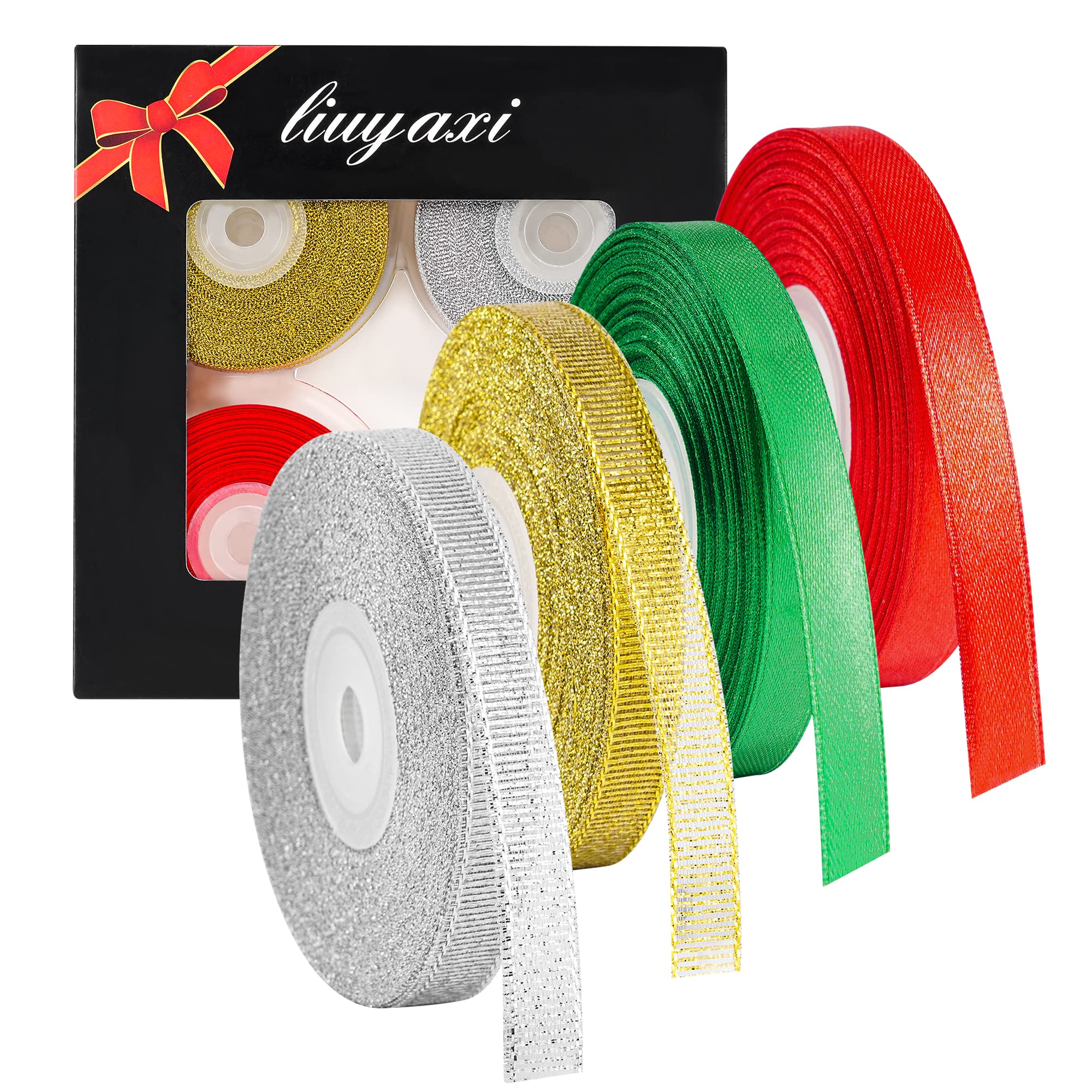 LIUYAXI 4 Rolls 3/8" Christmas Ribbon - Glitter Metallic Ribbon & Satin Ribbons Set, Total 100 Yards Xmas Holiday Festival for Gift Wrapping, Crafts, Festival Ornaments, Wedding Party Decoration