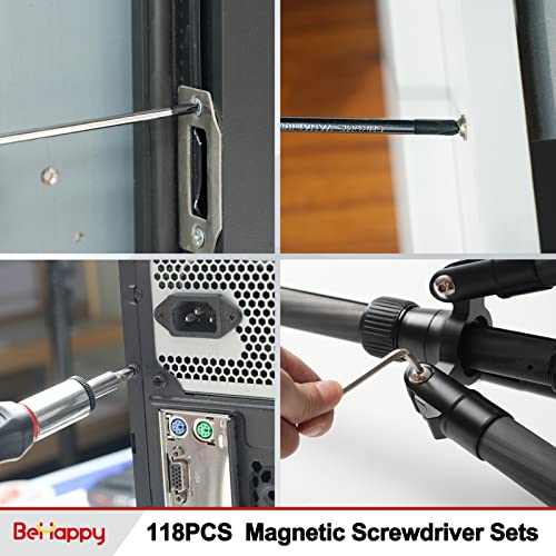 BEHAPPY 118PCS Magnetic Screwdriver Set, Screwdriver Set with Plastic Racking, Precision, Slotted, Phillips, Hex, Pozidriv, Torx Screwdriver Set and Magnetizer Demagnetizer DIY Tools for Tools Gift