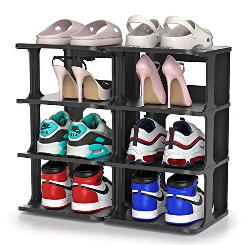 ZOINLIY Stackable Shoe Rack for Small Space, 4 Tiers 2 Columns Shoe Rack Organizer for Closet, Bedroom, Entryway, Black Free Standing Shoe Shelf, Shoe Cubby, 10.2" D x 19.2" W x 16.9" H
