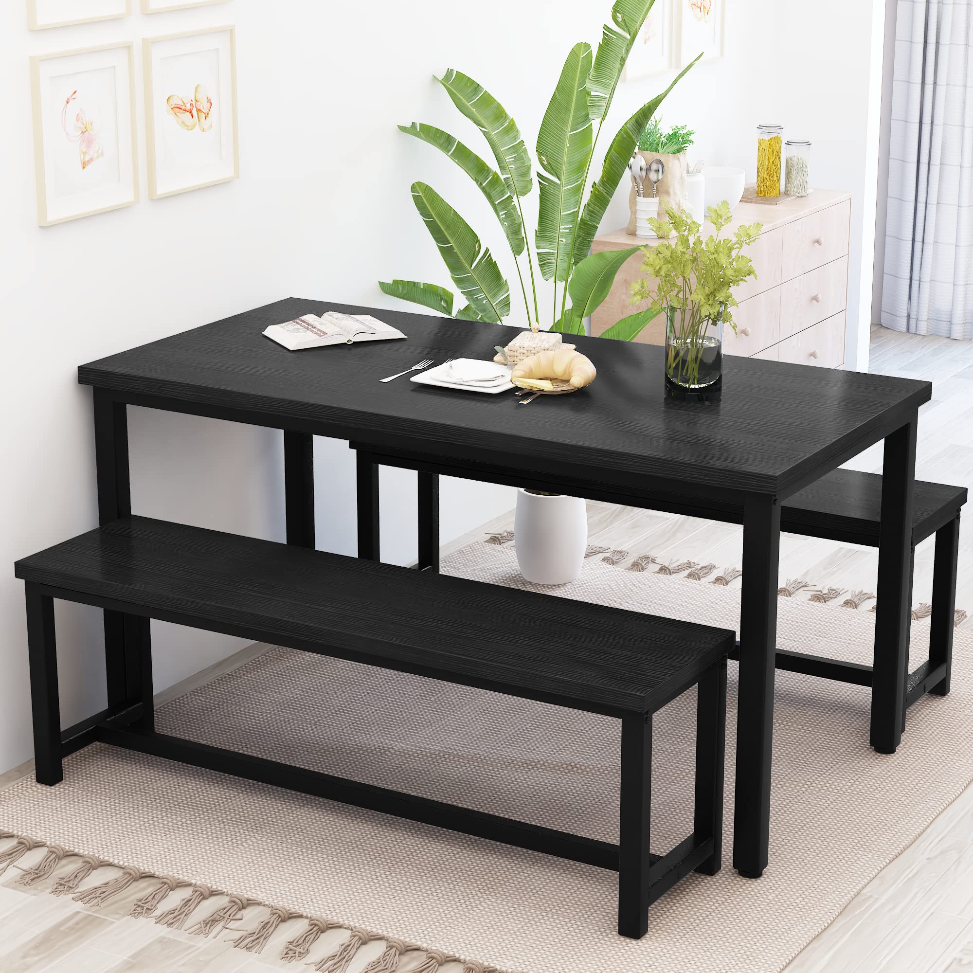 Recaceik 3-Piece Dining Table Set for 4, 43'' Dining Room Table Set with 2 Benches, Space-Saving Dinette Table with Metal Frame & MDF Board, Breakfast Table for Kitchen, Dining Room, Black
