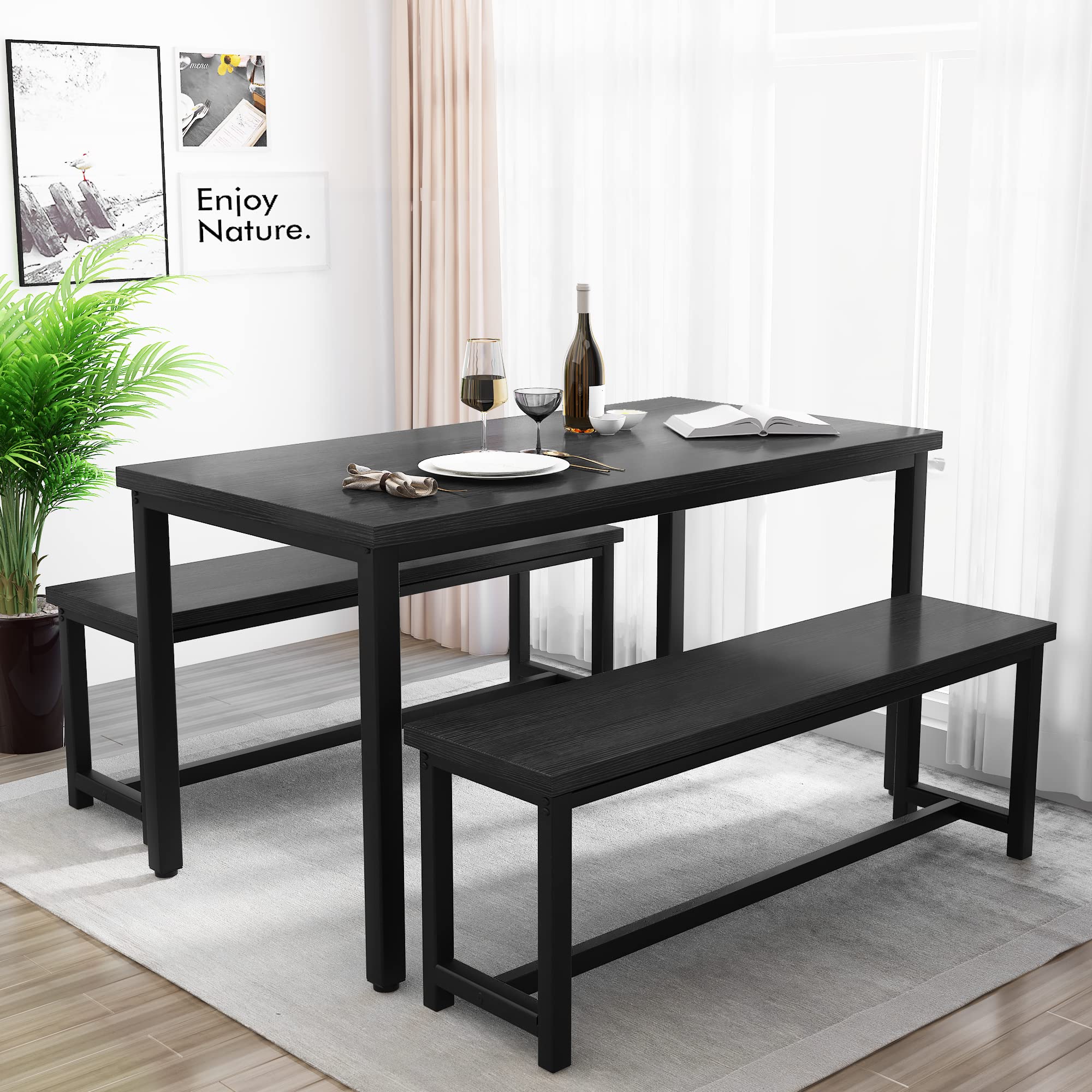 Recaceik 3-Piece Dining Table Set for 4, 43'' Dining Room Table Set with 2 Benches, Space-Saving Dinette Table with Metal Frame & MDF Board, Breakfast Table for Kitchen, Dining Room, Black