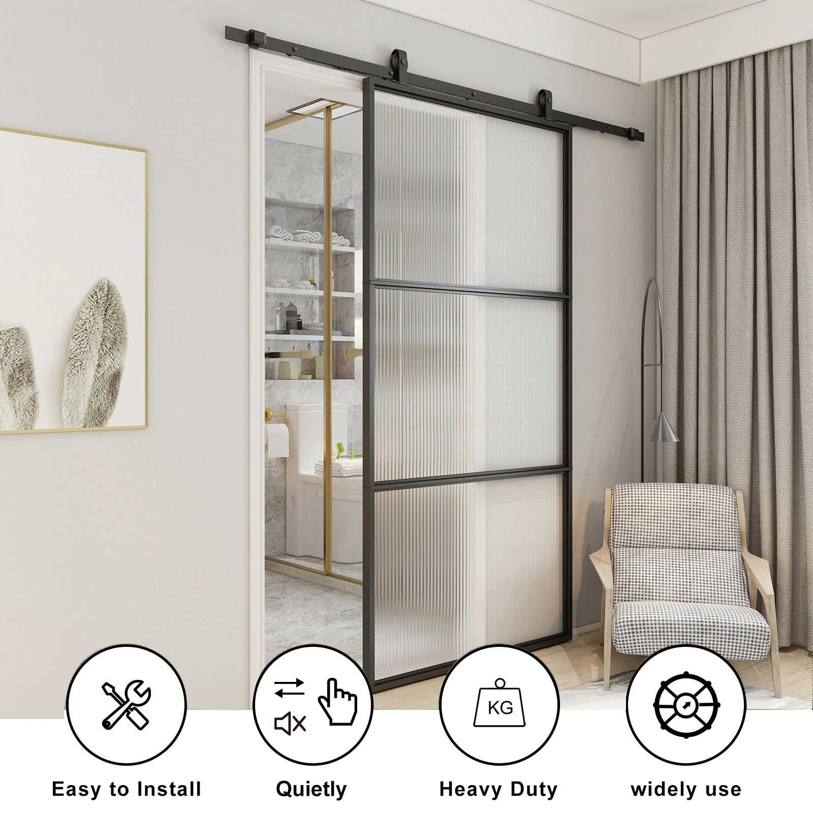JUBEST Glass Barn Door 42in x 84in, Reeded Glass Carbon Steel Pre-Drilled Frame Sliding Barn Door Panel with 7FT Hardware Kit and Soft Close