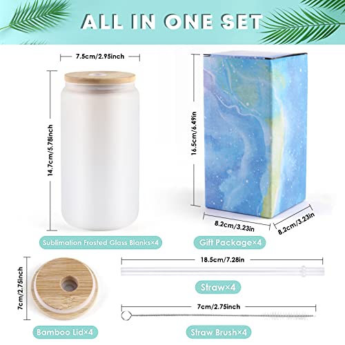 HTVRONT Sublimation Glass Blanks with Bamboo Lid - 16oz Frosted Sublimation Beer Can Glass - Sublimation Glass Tumblers for Iced Coffee Juice Soda Drinks (4 PACK)