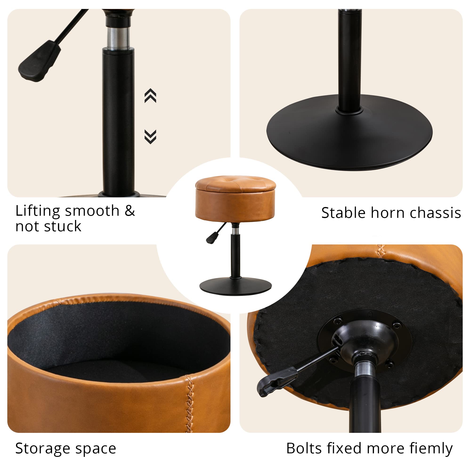 LUE BONA 360°Swivel Vanity Stool Chair for Makeup Room, Height Adjustable Stool for Vanity with Storage, Small Whiskey Brown Faux Leather for Bathroom, Living Room