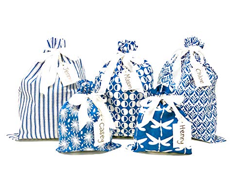 Appleby Lane 100% Cotton Fabric Gift Bags (Standard Set, Blue) Set of 5 bags, three 12x16 inch and two 8x10 in bags