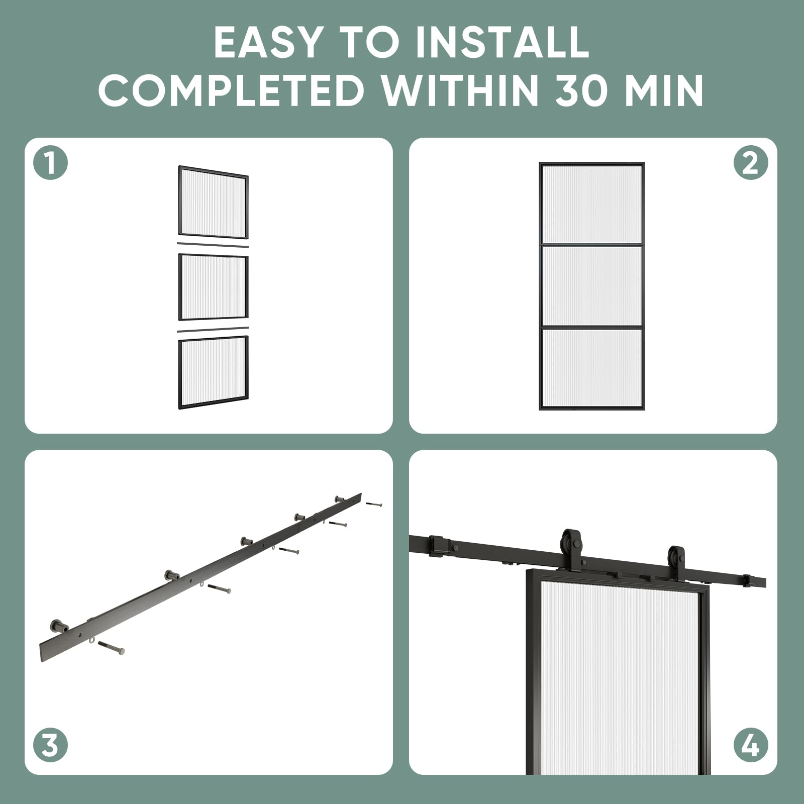 JUBEST Glass Barn Door 42in x 84in, Reeded Glass Carbon Steel Pre-Drilled Frame Sliding Barn Door Panel with 7FT Hardware Kit and Soft Close