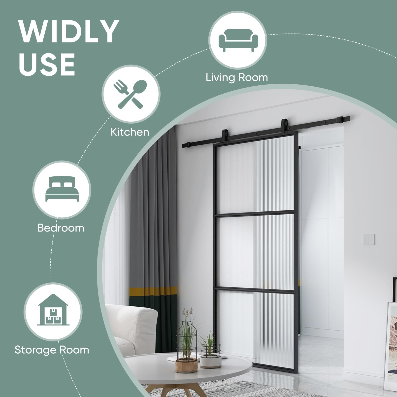 JUBEST Glass Barn Door 42in x 84in, Reeded Glass Carbon Steel Pre-Drilled Frame Sliding Barn Door Panel with 7FT Hardware Kit and Soft Close