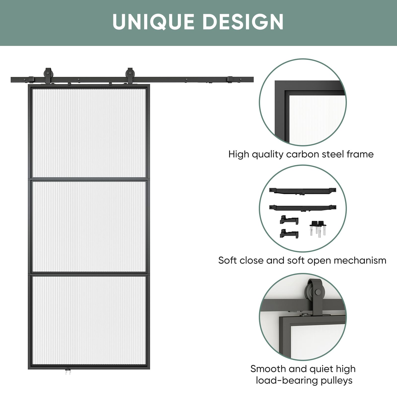 JUBEST Glass Barn Door 42in x 84in, Reeded Glass Carbon Steel Pre-Drilled Frame Sliding Barn Door Panel with 7FT Hardware Kit and Soft Close