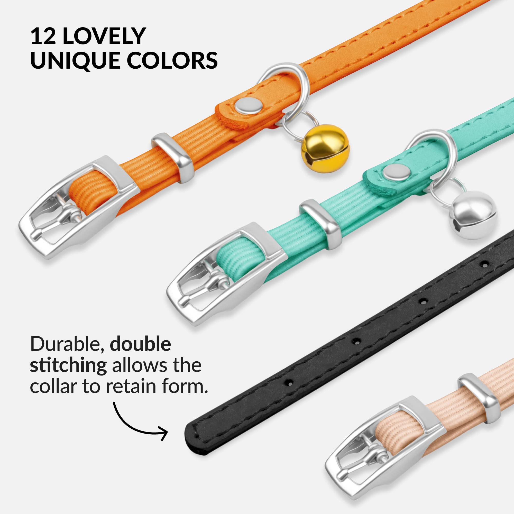 CollarDirect Leather Cat Collar with Bell - Kitten Collar, Small and Big Cat Collar for Boy Cats, Girl Cats with Safety Elastic Strap (Neck Fit 8"-11", Black)