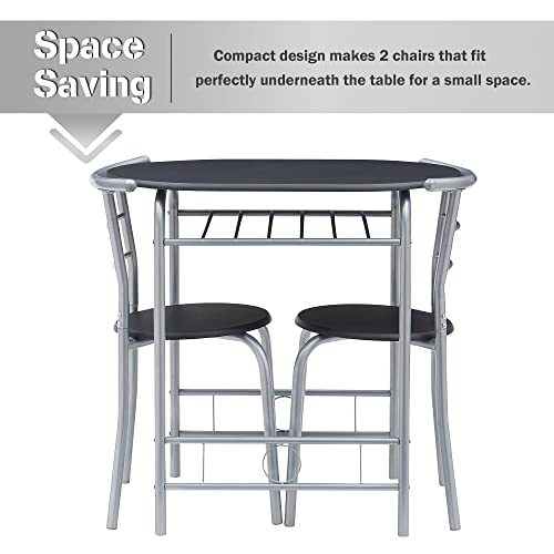 VECELO 3 Piece Small Round Dining Table Set for Kitchen Breakfast Nook, Wood Grain Tabletop with Wine Storage Rack, Save Space, 31.5", Black and Silver