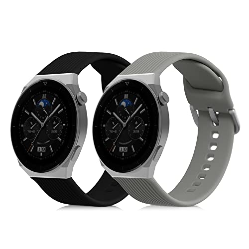 kwmobile Straps Compatible with Huawei Watch GT3 Pro (46mm) / GT Runner/Watch 3 Straps - 2x Replacement Silicone Watch Bands - Black/Grey