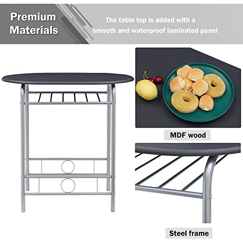 VECELO 3 Piece Small Round Dining Table Set for Kitchen Breakfast Nook, Wood Grain Tabletop with Wine Storage Rack, Save Space, 31.5", Black and Silver