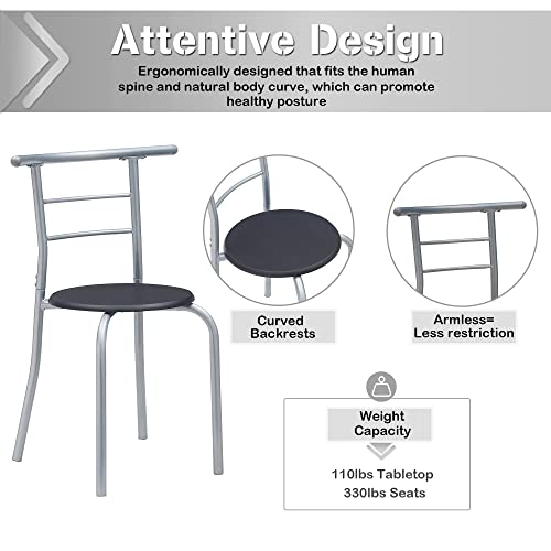 VECELO 3 Piece Small Round Dining Table Set for Kitchen Breakfast Nook, Wood Grain Tabletop with Wine Storage Rack, Save Space, 31.5", Black and Silver