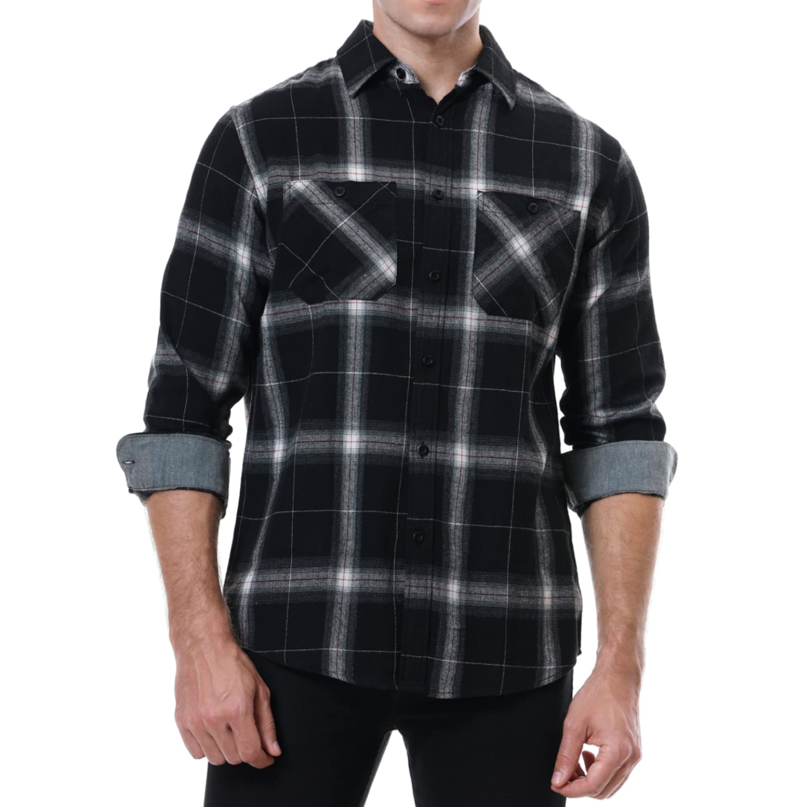 Ezmine Men’s Flannel Shirts Long Sleeve Casual Button Down Flannel Plaid Shirts for Men Camp Hiking Black