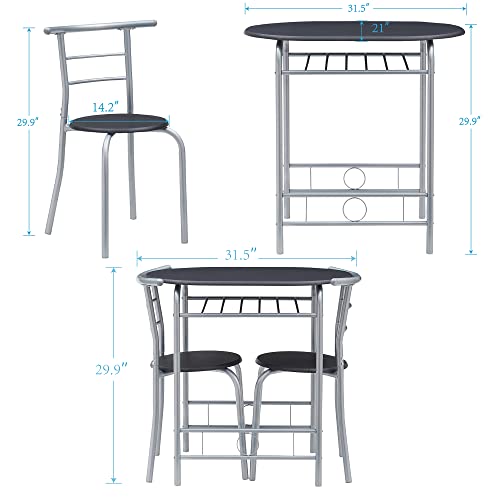 VECELO 3 Piece Small Round Dining Table Set for Kitchen Breakfast Nook, Wood Grain Tabletop with Wine Storage Rack, Save Space, 31.5", Black and Silver