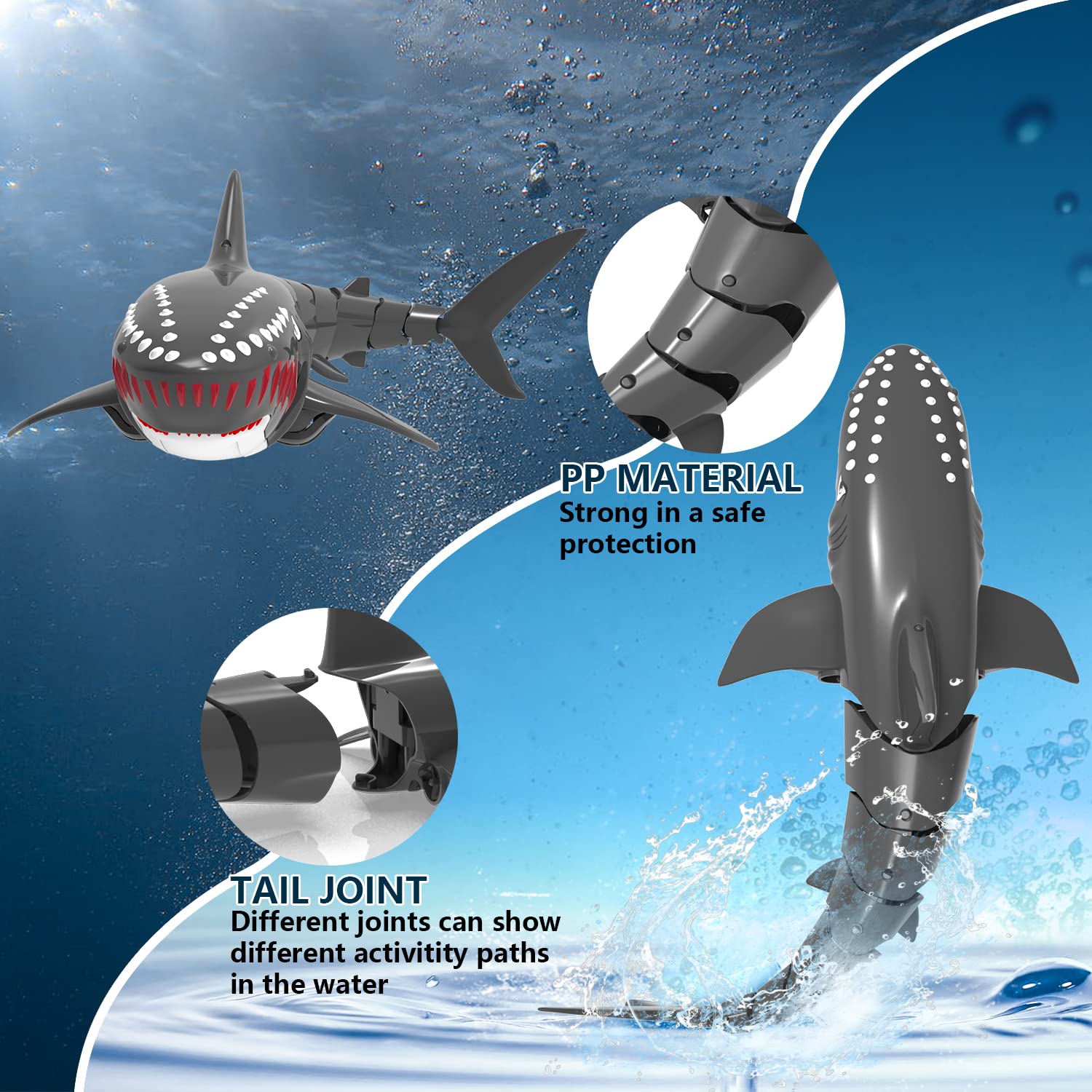 VOLANTEXRC RC Shark Toys, 2.4Ghz 1:18 Scale High Simulation Remote Control Shark Swimming Pool Toy, Great Gift for Kids of Age 4-8 8-12 with 2 Batteries (Gray)
