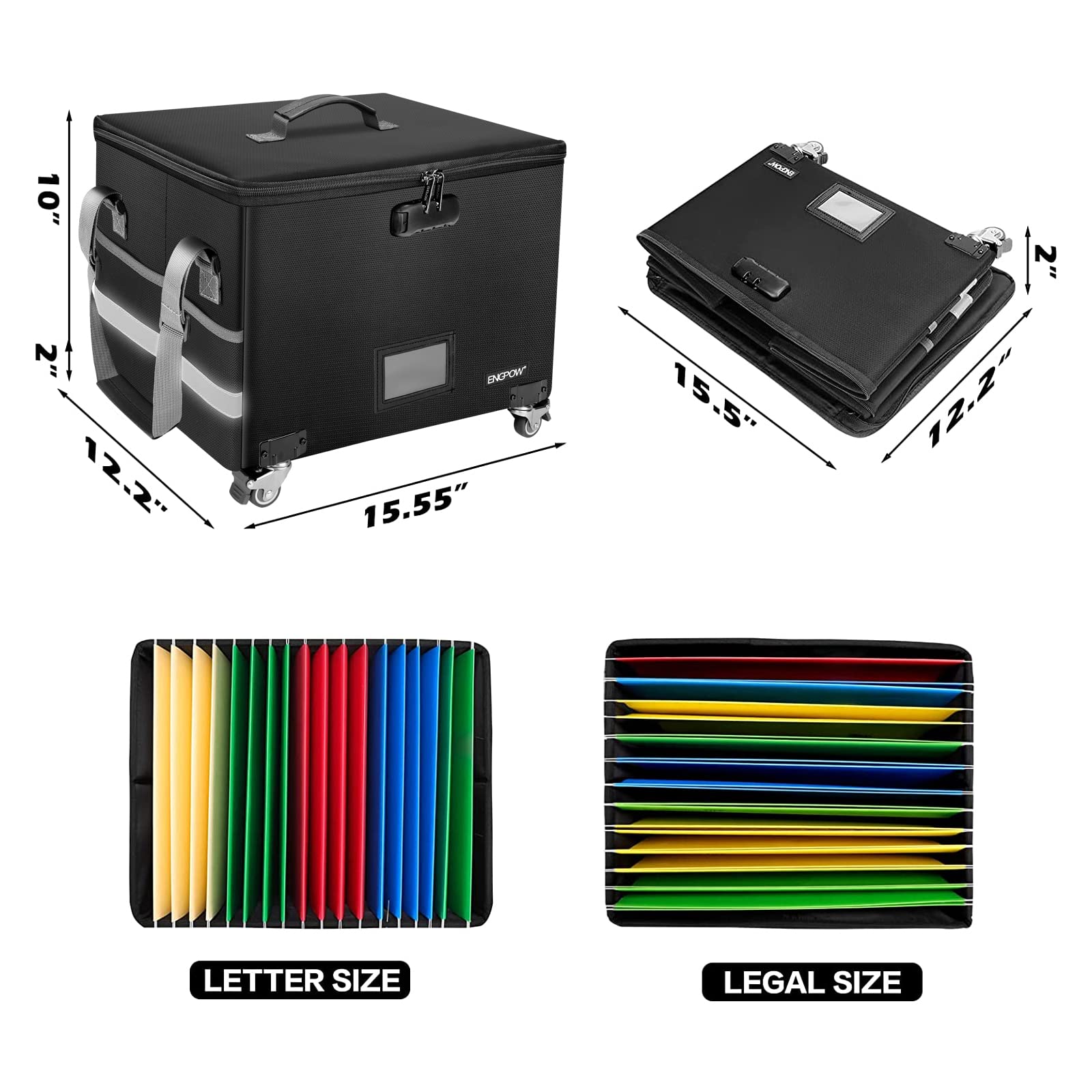 ENGPOW Fireproof Document Box with Wheels, Collapsible File Box with Lock, Rolling File Storage Organizer Filing Cabinet with Pockets, Portable Home Office Safe for Hanging Letter/Legal Folder