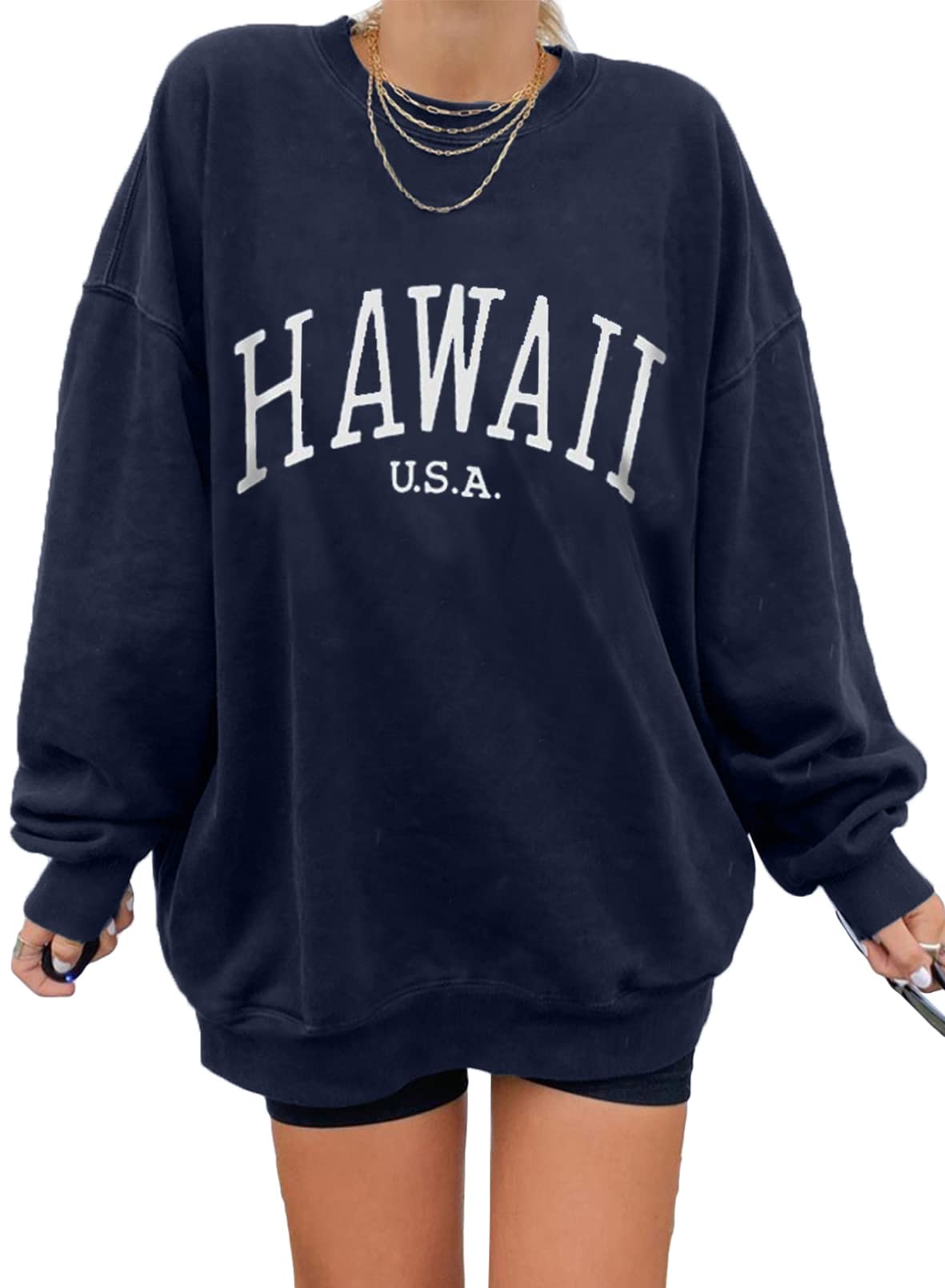 Dokotoo Womens Plus Size Hawaii USA Oversized Crewneck Long Tunic Sweatshirts for Women Long Sleeve Comfy Cozy Winter Fleece Pullover 2023 Fall Tops Casual Loose Fit Graphic Tees Shirts Blue XXL