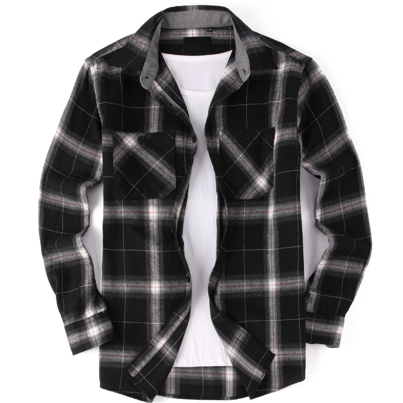 Ezmine Men’s Flannel Shirts Long Sleeve Casual Button Down Flannel Plaid Shirts for Men Camp Hiking Black