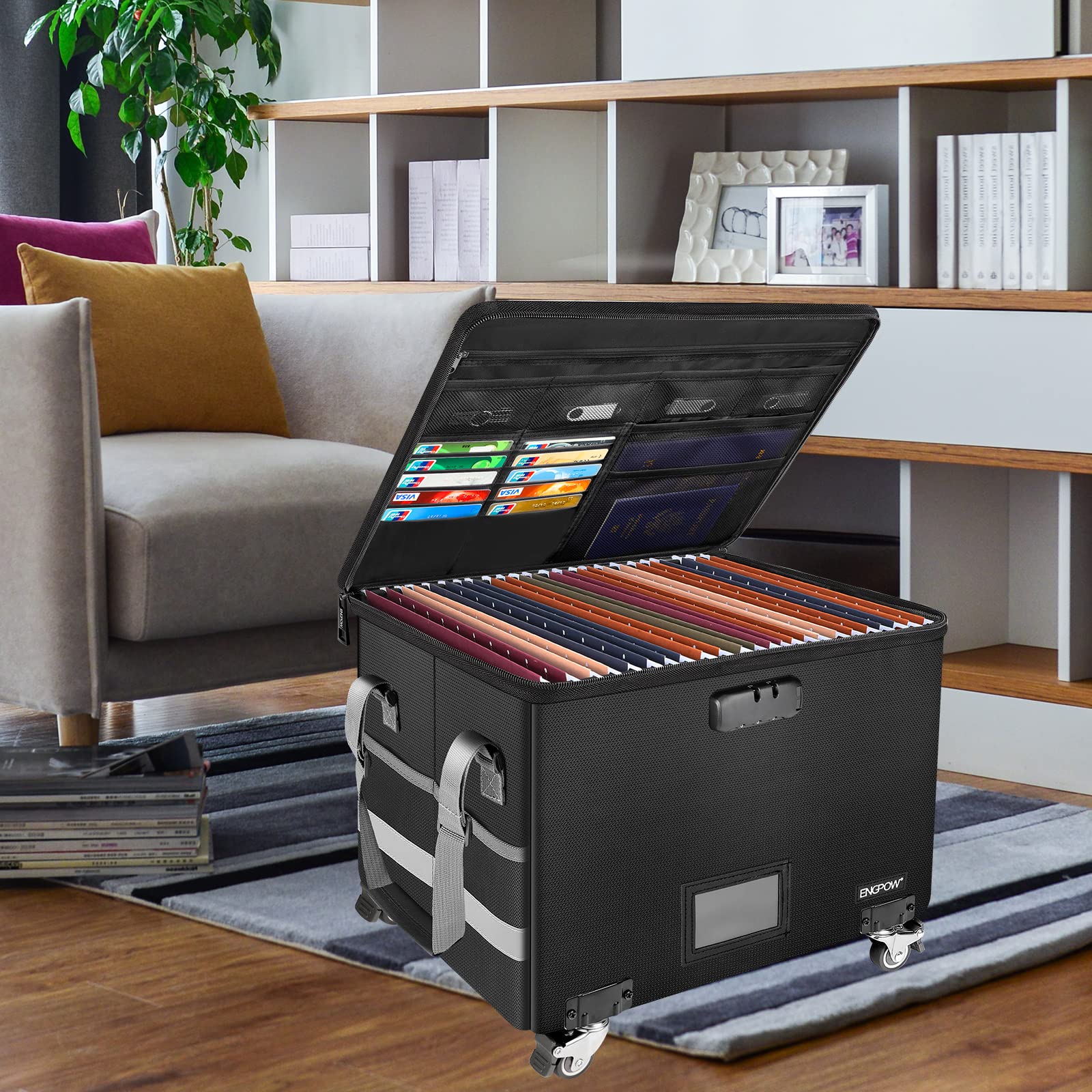 ENGPOW Fireproof Document Box with Wheels, Collapsible File Box with Lock, Rolling File Storage Organizer Filing Cabinet with Pockets, Portable Home Office Safe for Hanging Letter/Legal Folder