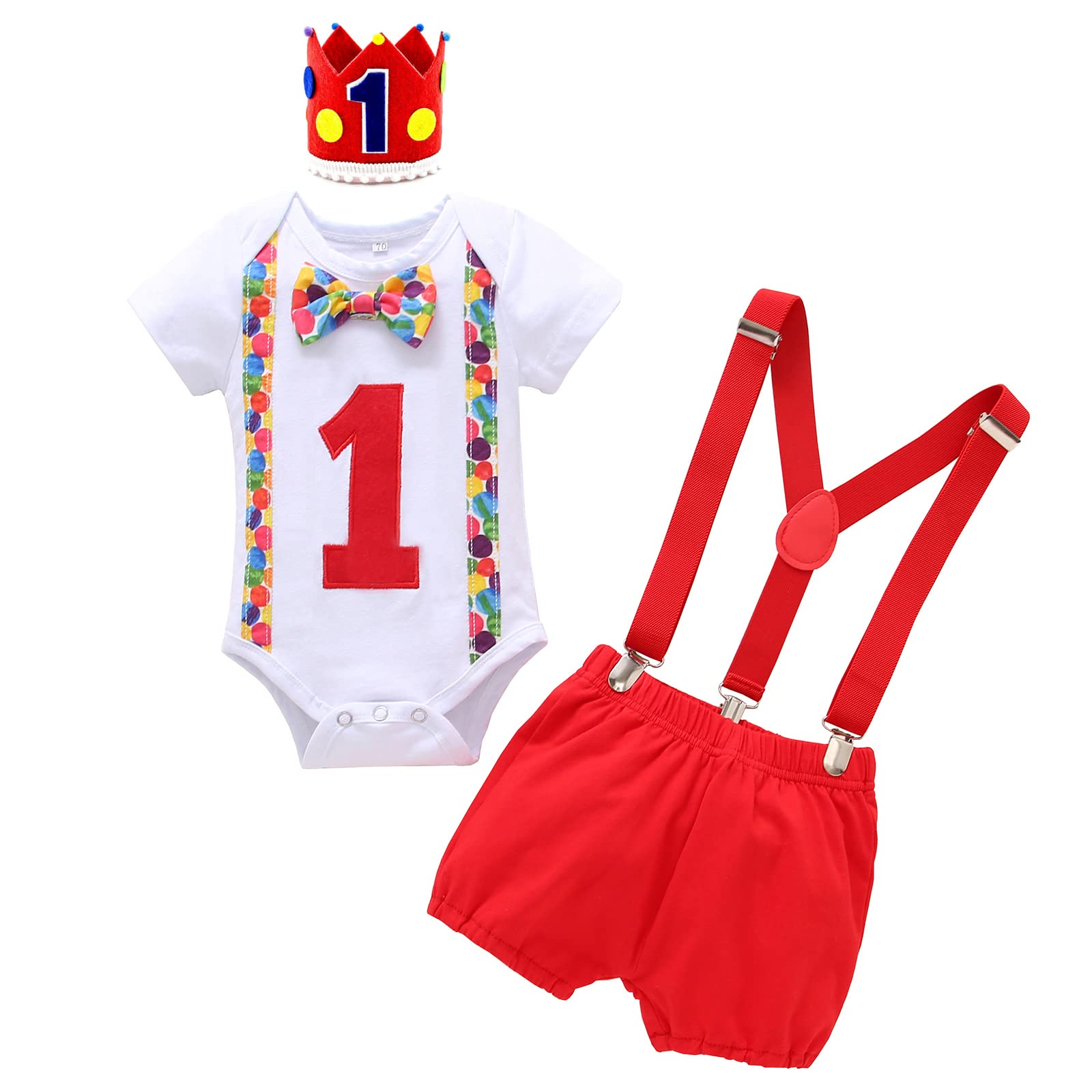 IBTOM CASTLE Cake Smash Outfit Boys First Birthday Party Supplies Short Sleeve Romper Suspenders Pants Circus Baby Photoshoot Clothes Red 9-12 Month