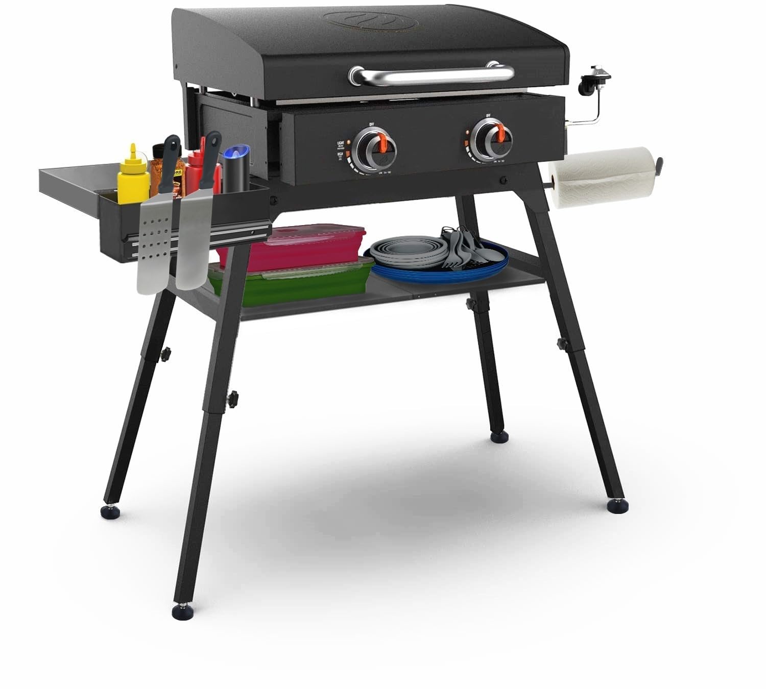 Grill Griddle Stand for Blackstone 22 Inch,17 Inch Tabletop Griddle, Griddle Table with Side Shelf & Sub-shelf and Paper Towel Holder, Support to Add Wheel and Magnetic Tool Holder or Grill Caddy