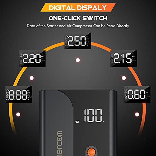 Jump Starter with Air Compressor,1000A Battery Jump Starter with 150PSI Digital Auto Tire Inflator,Up to 6.0L Gas & 3.0L Diesel Engines,12V Car Lithium Battery Jump Box Pack Power Charger