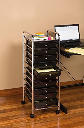 Seville Classics Rolling Utility Organizer Storage Cart for Home Office, School, Classroom, Scrapbook, Hobby, Craft, 10 Drawer, Black