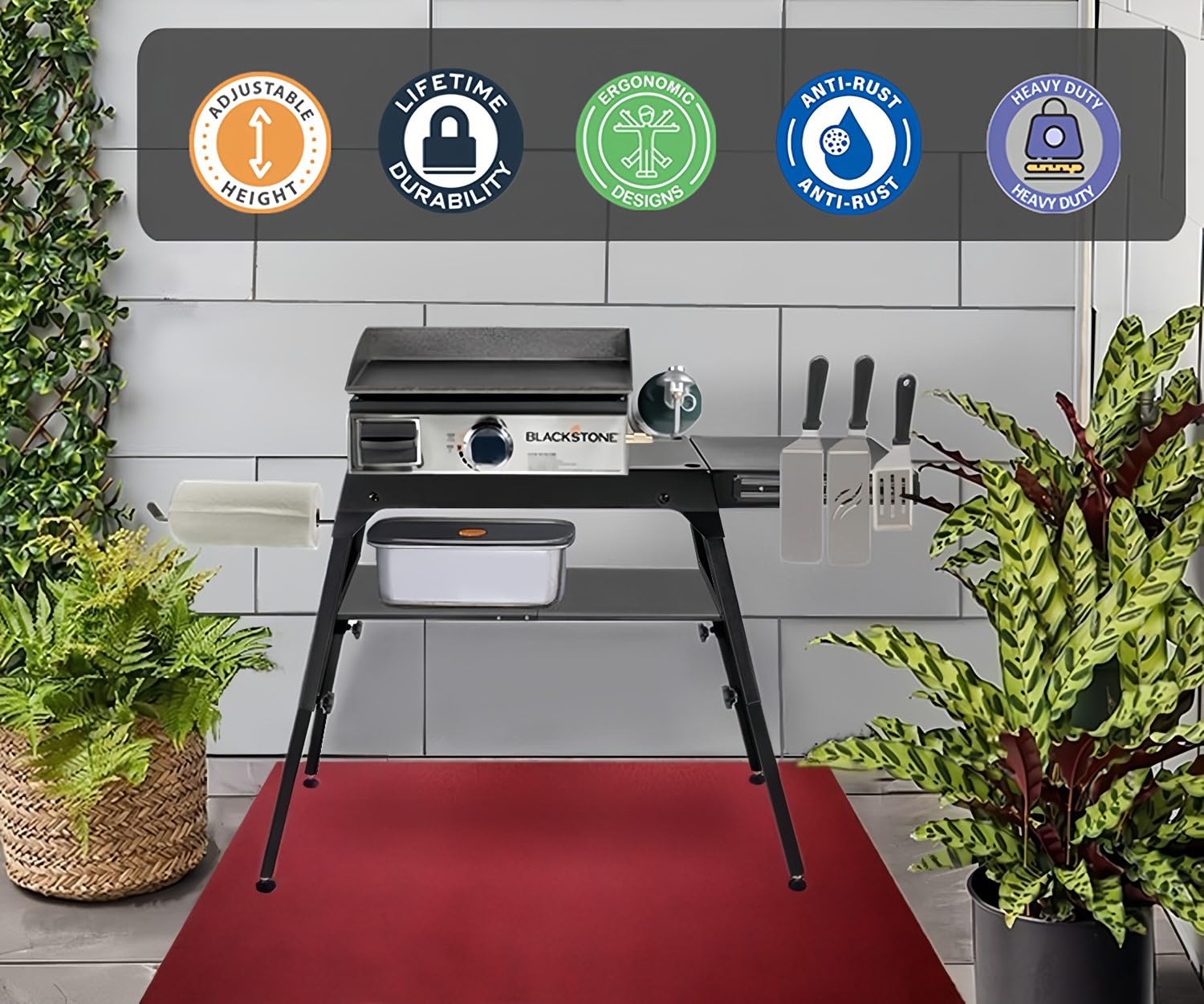 Grill Griddle Stand for Blackstone 22 Inch,17 Inch Tabletop Griddle, Griddle Table with Side Shelf & Sub-shelf and Paper Towel Holder, Support to Add Wheel and Magnetic Tool Holder or Grill Caddy