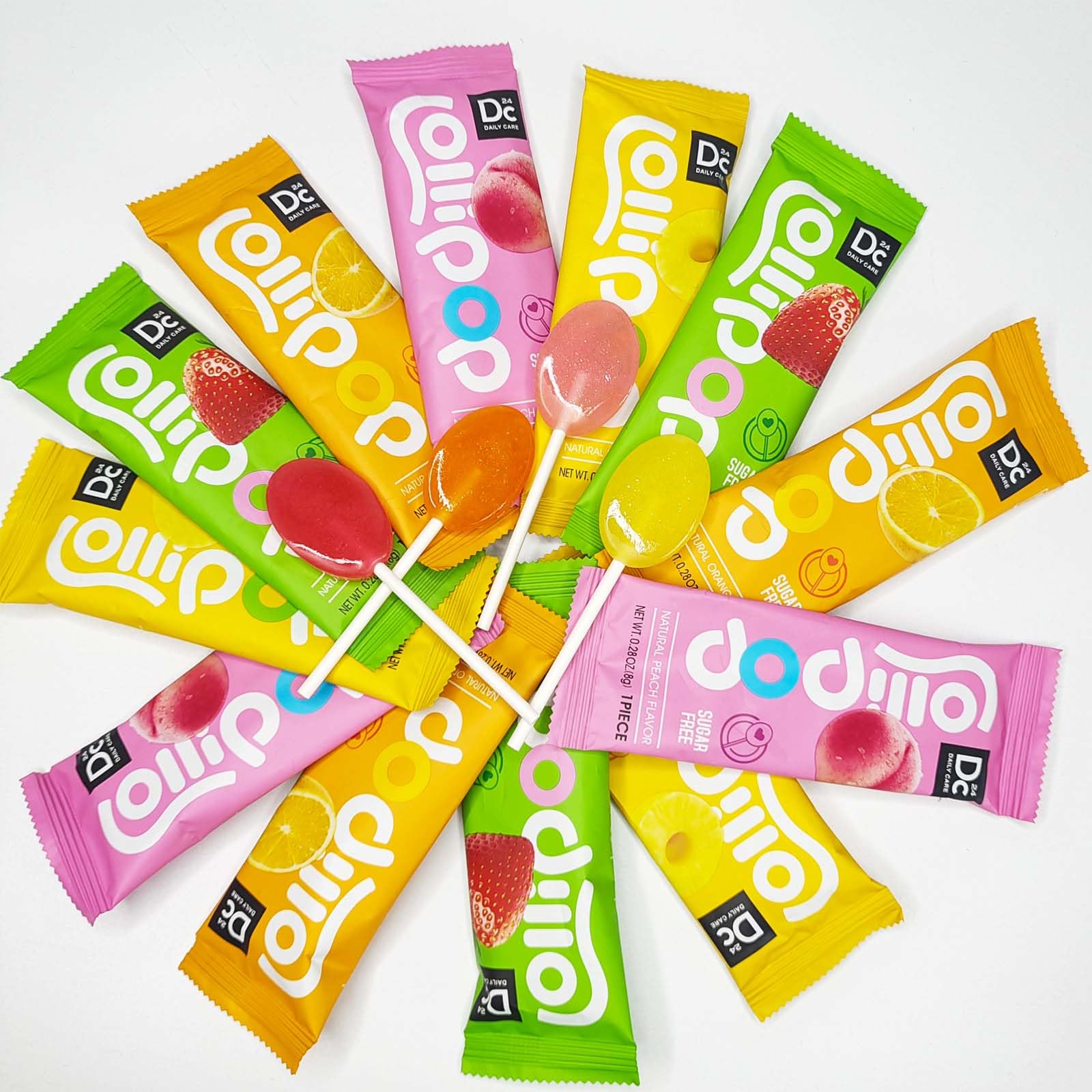 DC24 DAILY CARE Sugar Free Lollipops with Vitamin C, Healthy Suckers with Xylitol, Assorted Fruit Flavored Hard Candy for Kids, Non-GMO, Gluten Free, 24 Count