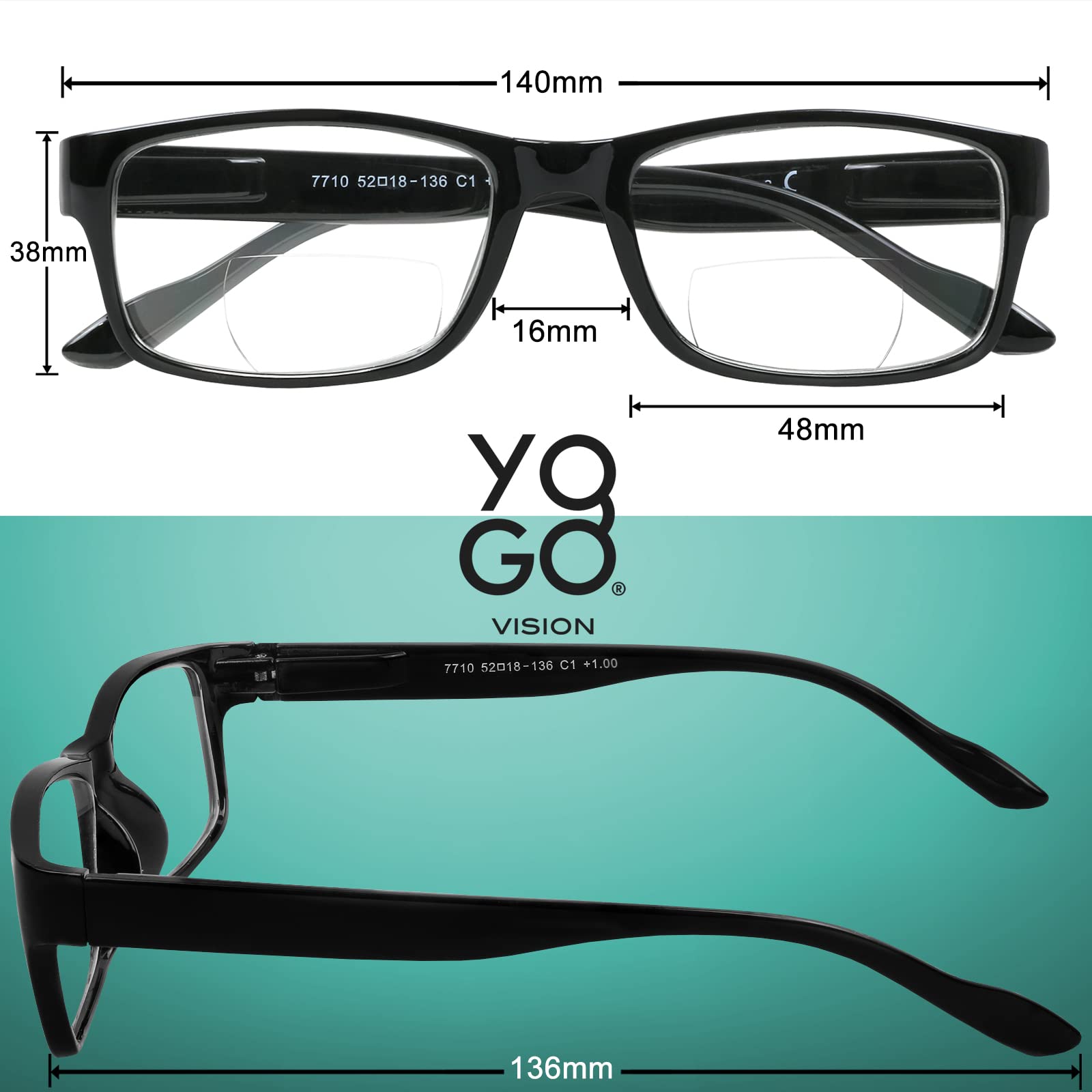 Yogo Vision Bifocal Reading Glasses for Men and Women Rectangle MultiFocal Readers with Spring Hinges Retro Design Black 2.75