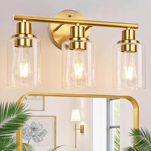 3-Light Gold Bathroom Light Fixtures, Modern Bathroom Vanity Light with Clear Glass Shade, Brushed Gold Bath Wall Mount Lights, Wall Lamp for Mirror Kitchen Bedroom Hallway Living Room Hallway