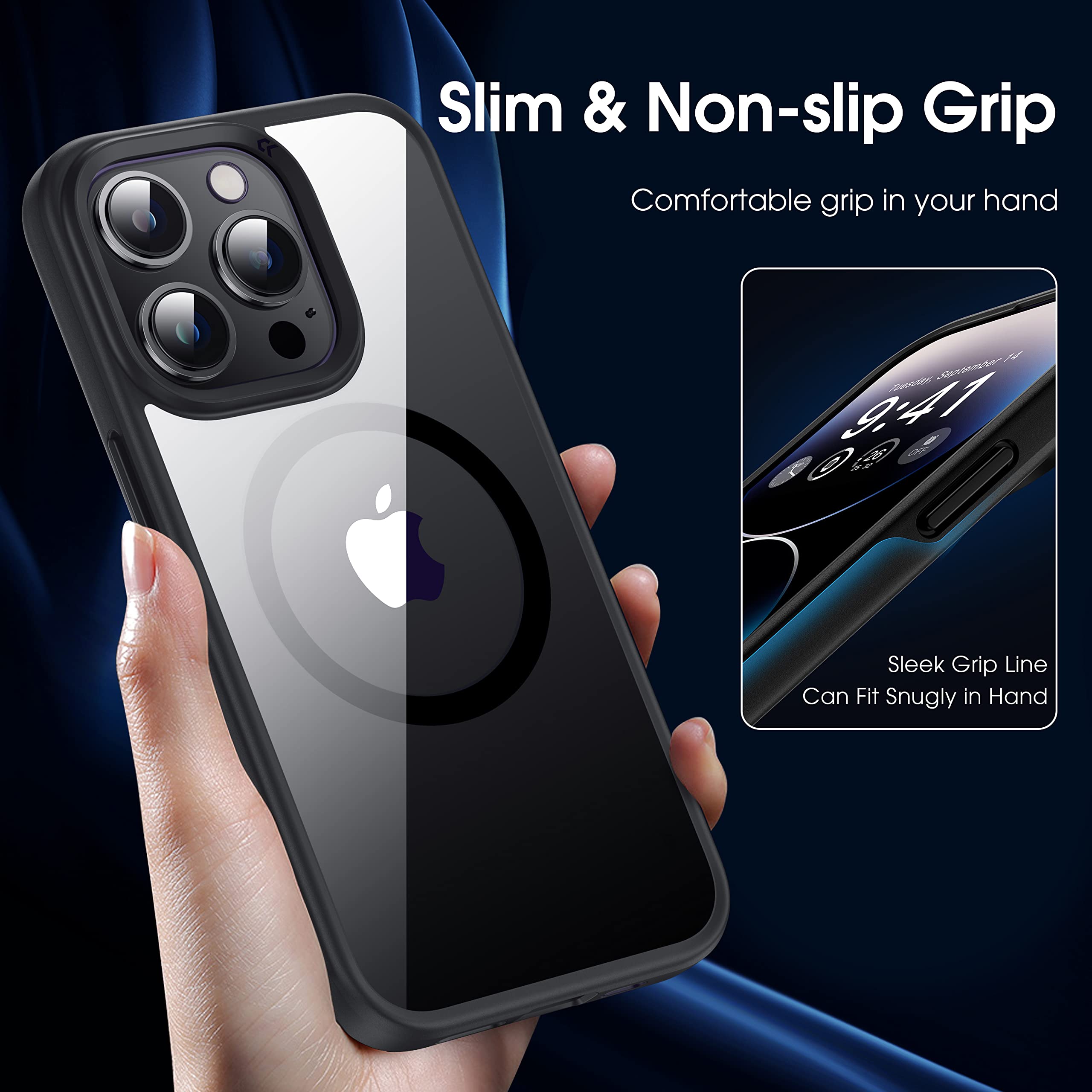 CASEKOO Clear Hybrid for iPhone 14 Pro Max Case (2024 Upgraded), Ultra Strong Magnetic Force, 10FT Milirary Drop Protection, with 360° Rotating Magnetic Stand, Transparent Slim 6.7 inch, Clear Black